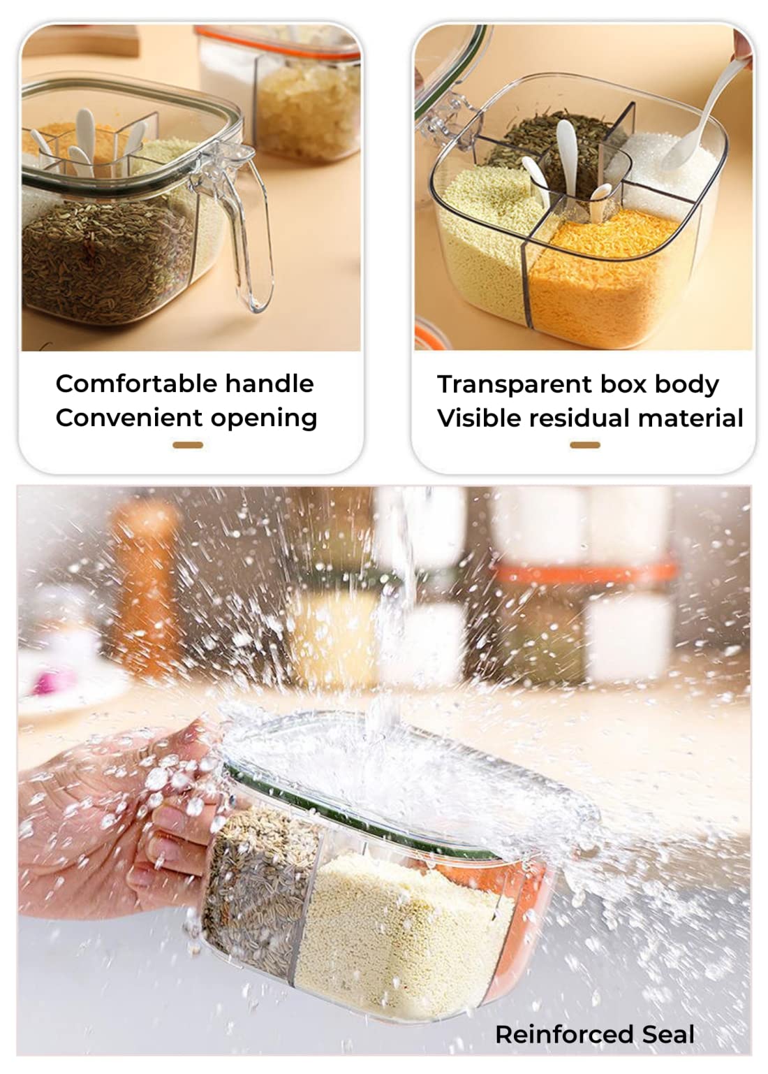 Clear Seasoning Box,4 Compartments Sealed Seasoning Box With Lid,Seasoning Box with Cover and Serving Spoons,Kitchen Condiment Jars,Plastic Seasoning Box Container Set to Storage Salt Pepper Powder