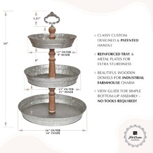 3 Tiered Tray Stand [XL] - Stunning, Extra Large Three Tiered Tray Stand, Farmhouse Tiered Tray, Cookie Display Stand, Metal Serving Tray, Galvanized Tiered Tray for Rustic Party Decor, Pastry Stand