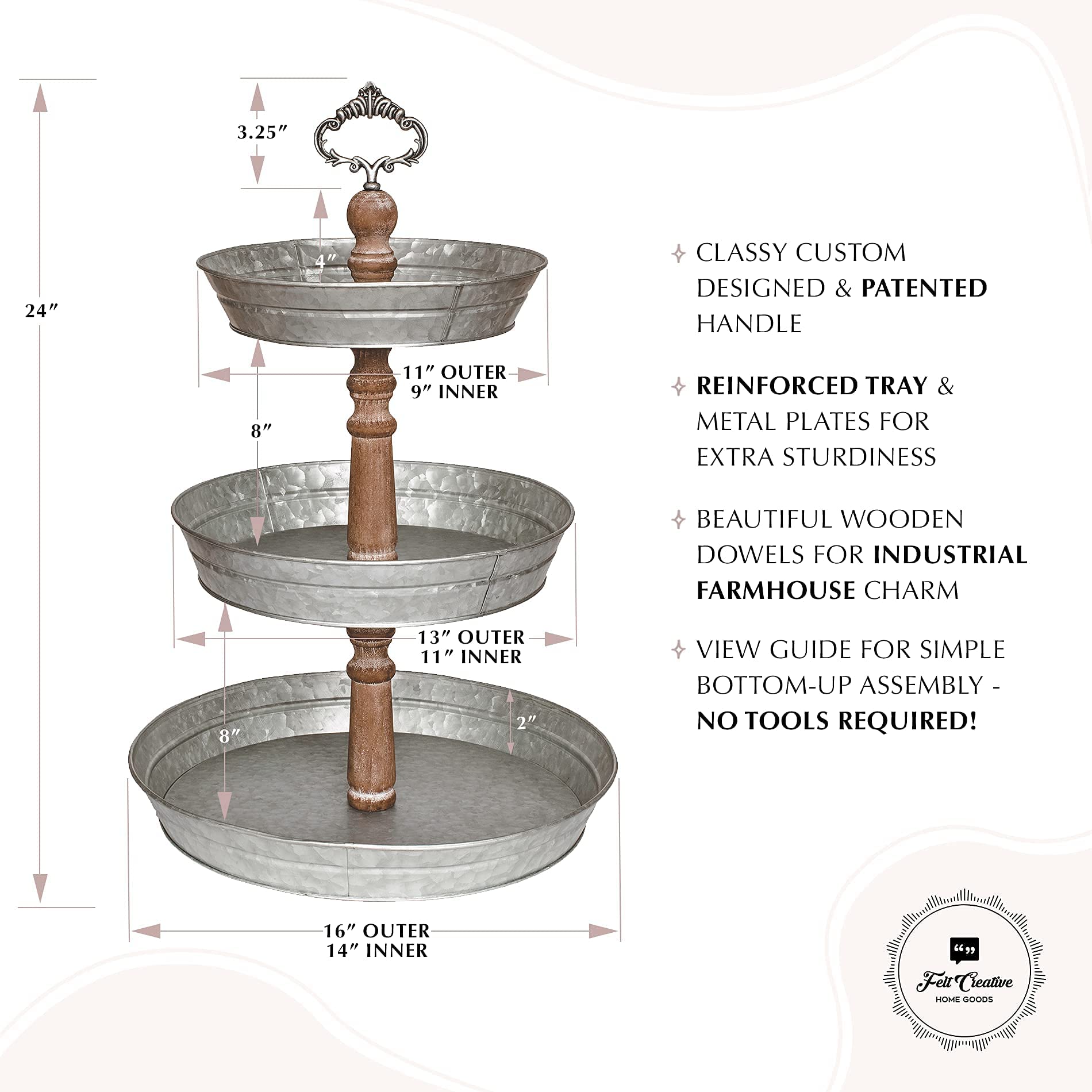 3 Tiered Tray Stand [XL] - Stunning, Extra Large Three Tiered Tray Stand, Farmhouse Tiered Tray, Cookie Display Stand, Metal Serving Tray, Galvanized Tiered Tray for Rustic Party Decor, Pastry Stand