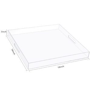 MIKINEE 18×18 Inches Clear Acrylic Serving Tray with Handles Extra Large Ottoman Tray Decorative Tray Spill-Proof Coffee Table Space Saver Oversize Counter top Organizer Platter with Safe Edge