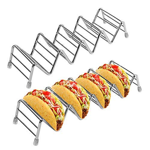 4 Pack Taco Holder Space for 16 to 20 Tacos, Stainless Steel Rustproof Taco Stand Rack Holds Up to 4-5 Tacos Each, Taco Baking Tray for Soft Hard Taco Shells w/Silicone Protective Tips, Oven Safe Use