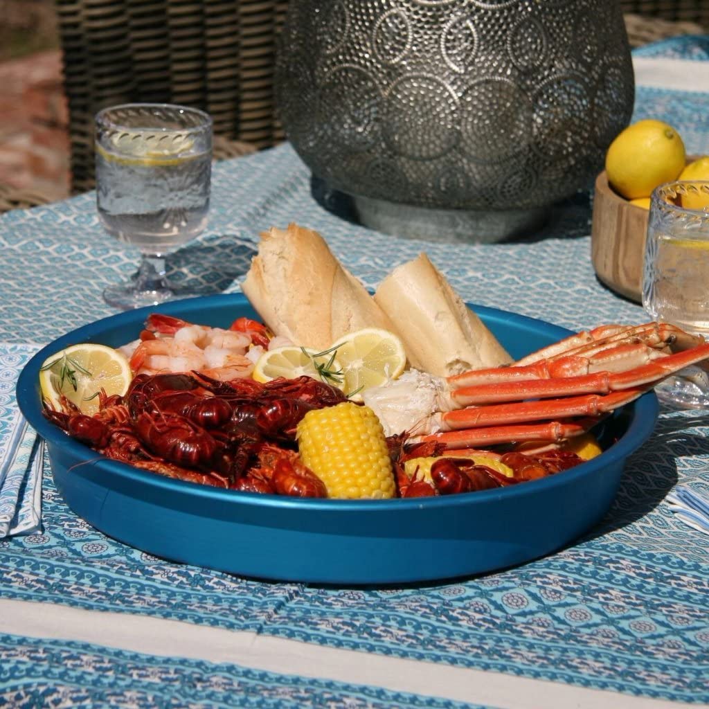 Bayou Classic 1020 14-in Blue Anodized Aluminum Serving Tray 4-pc Set Perfect for Crawfish and Seafood Boils Cookouts Tailgating Camping and Backyard Entertaining