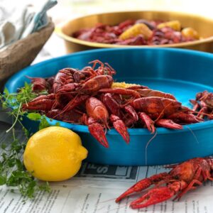 Bayou Classic 1020 14-in Blue Anodized Aluminum Serving Tray 4-pc Set Perfect for Crawfish and Seafood Boils Cookouts Tailgating Camping and Backyard Entertaining