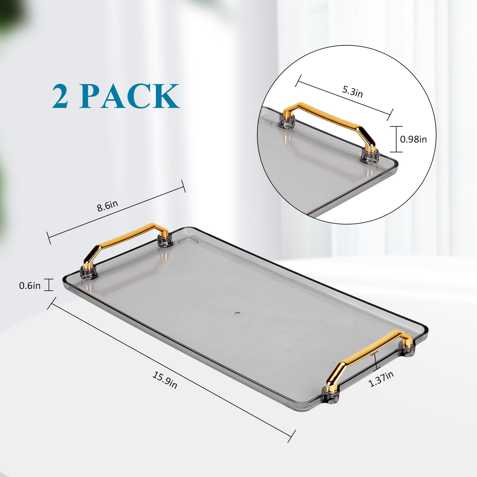 MOLINGRITAR 2 Pack Round Acrylic Trays with Gold Plastic Handles, Gray, 16.1 x 8.7 in