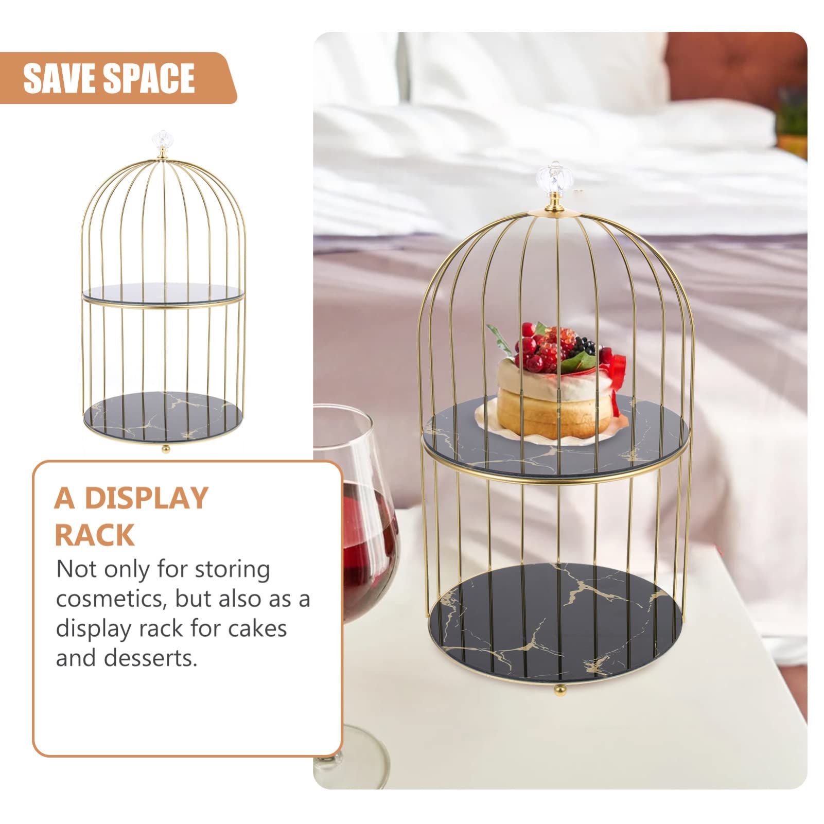 Beavorty 2- Tier Cake Stands with Bird Cage Shaped, Metal Cupcake Stand Birdcage Design Cake Holder Dessert Serving Platter Tray for Wedding Birthday Party Dessert Fruits Display Golden