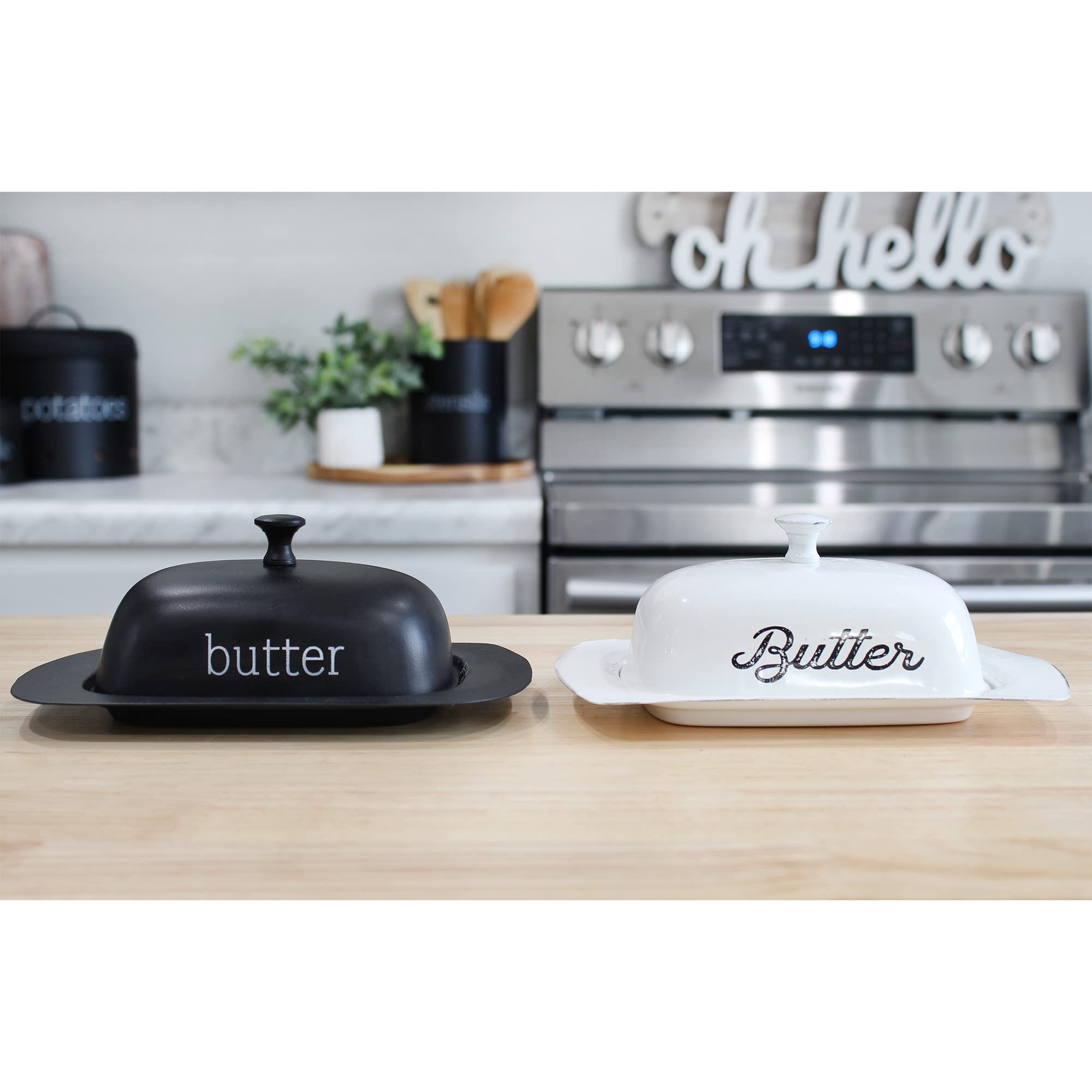 AuldHome Large Enamelware Butter Dish (Black); Modern Farmhouse Enamel Butter Serving Dish with Lid