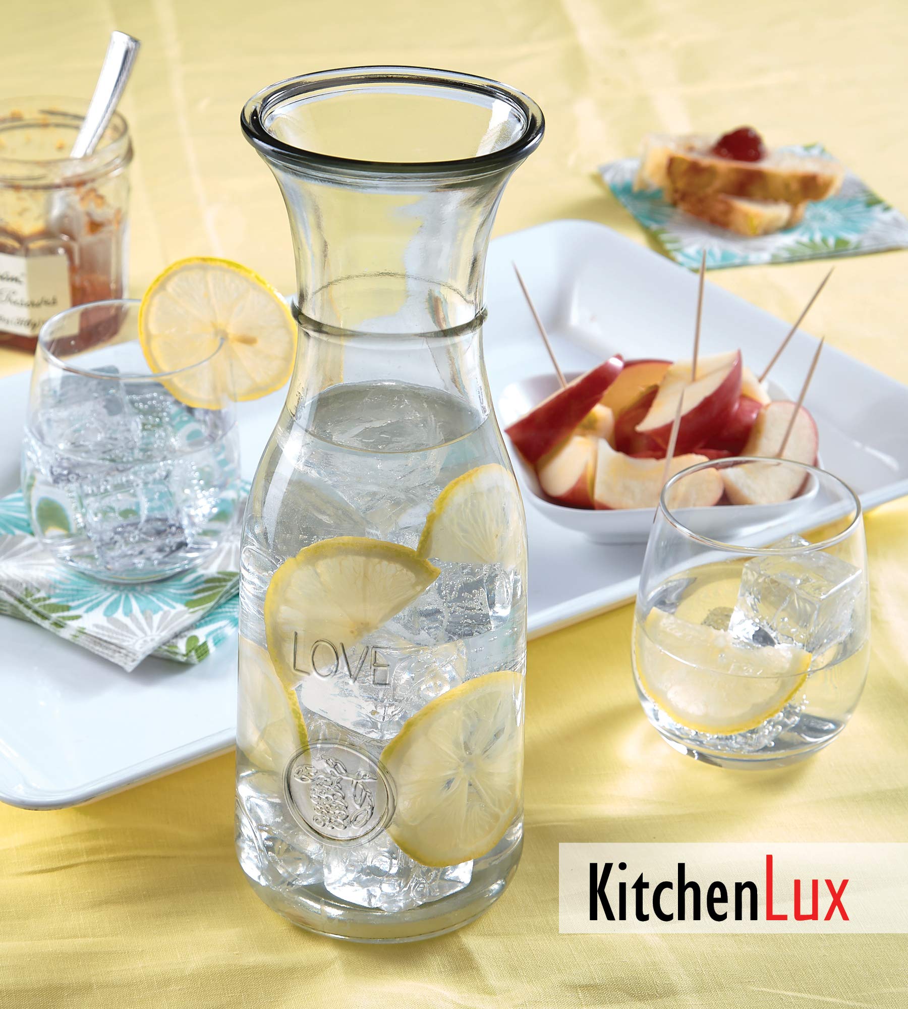 Kitchen Lux Carafe Pitcher Glass Set - Glass Water Pitcher & Water Carafe - Love Elegant Wine Decanter & Mimosa Bar Set - Easy Grip Neck & Wide Mouth for Pouring