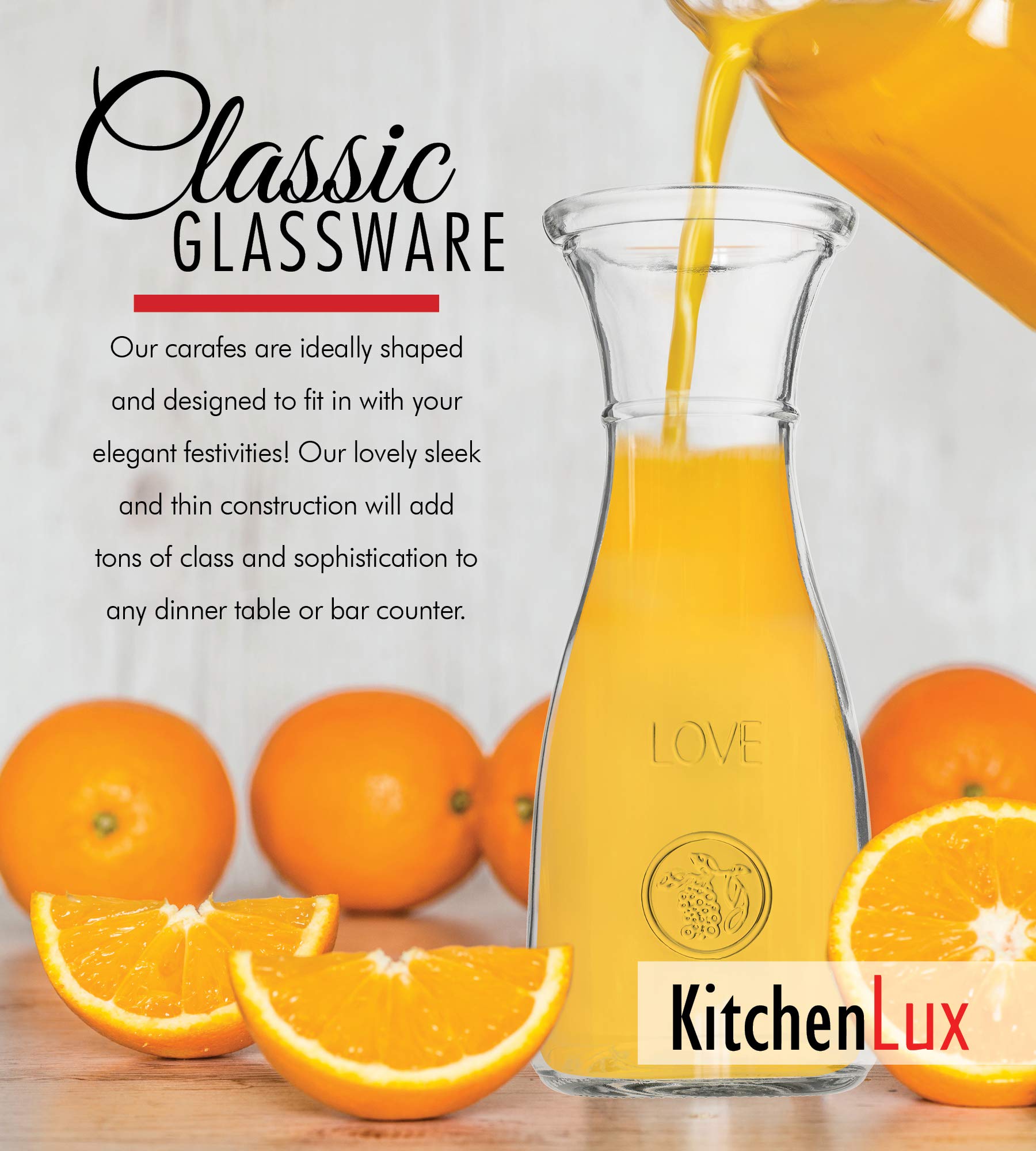 Kitchen Lux Carafe Pitcher Glass Set - Glass Water Pitcher & Water Carafe - Love Elegant Wine Decanter & Mimosa Bar Set - Easy Grip Neck & Wide Mouth for Pouring