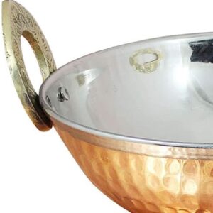 Nexxa -Set of 4, Indian Copper Serveware Karahi Vegetable Dinner Bowl with Handle for Indian Food, Diameter 13 Cm Approx