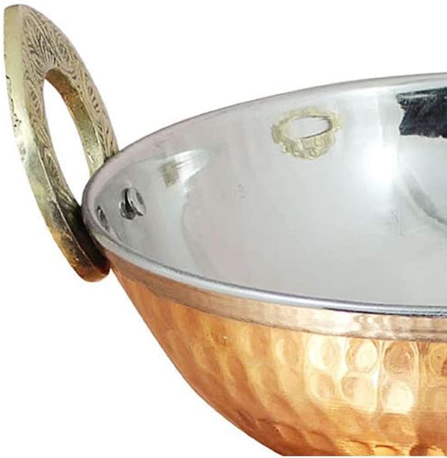 Nexxa -Set of 4, Indian Copper Serveware Karahi Vegetable Dinner Bowl with Handle for Indian Food, Diameter 13 Cm Approx