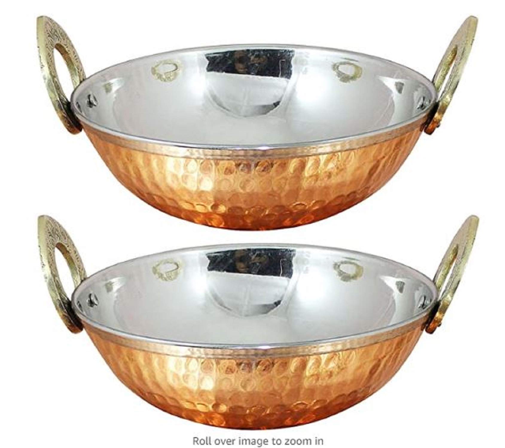 Nexxa -Set of 4, Indian Copper Serveware Karahi Vegetable Dinner Bowl with Handle for Indian Food, Diameter 13 Cm Approx