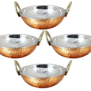 Nexxa -Set of 4, Indian Copper Serveware Karahi Vegetable Dinner Bowl with Handle for Indian Food, Diameter 13 Cm Approx