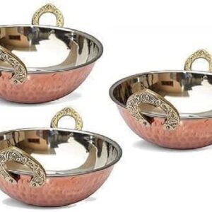 Nexxa -Set of 4, Indian Copper Serveware Karahi Vegetable Dinner Bowl with Handle for Indian Food, Diameter 13 Cm Approx