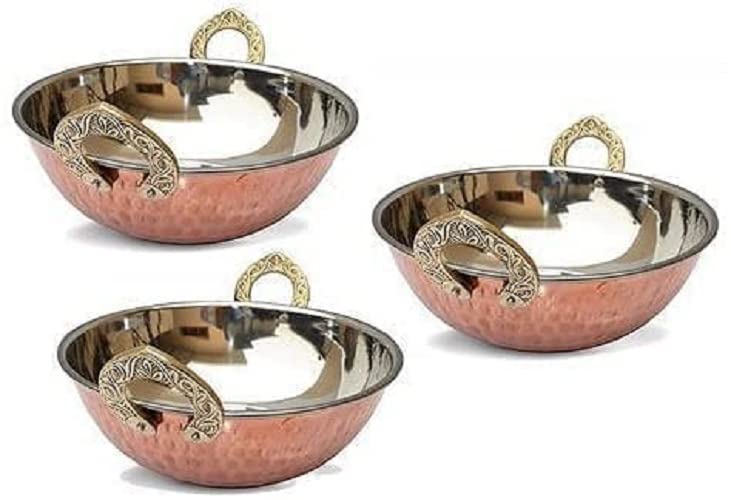 Nexxa -Set of 4, Indian Copper Serveware Karahi Vegetable Dinner Bowl with Handle for Indian Food, Diameter 13 Cm Approx