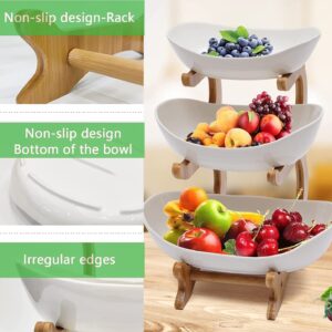 Hfpengzan 3 Tier Ceramic Fruit Bowl, White Oval Serving Bowls Set with Natural Bamboo Rack, Porcelain Fruit Basket Countertop for Kitchen Vegetable Storage, Snack Dessert Cake Candy Tray Plate Holder