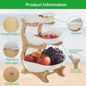 Hfpengzan 3 Tier Ceramic Fruit Bowl, White Oval Serving Bowls Set with Natural Bamboo Rack, Porcelain Fruit Basket Countertop for Kitchen Vegetable Storage, Snack Dessert Cake Candy Tray Plate Holder