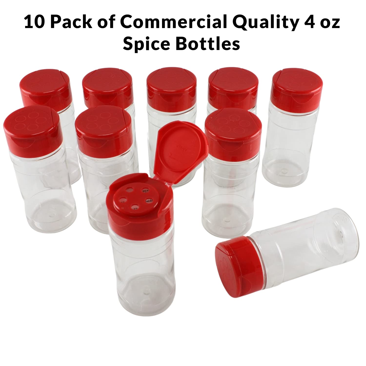 Skyway Supreme 4 OZ Clear Plastic Seasoning Containers Spice Bottles Jars - Set of 10 - Flap Cap with Sifter Spice Shaker - Durable Refillable - BPA Free