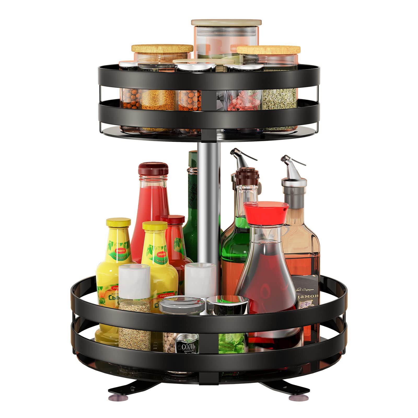 2 Tier Lazy Susan Organizer Metal Steel, Turntable Organizer for Table, Rotating Spice Rack Organizer for Cabinet Pantry Kitchen Countertop, Non Skid Suction Base, 10 inch, Black