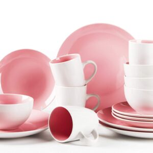 HomeVss, Stoneware Coupe Shape 16pc Dinnerware Set, Outside White + Inside Pink