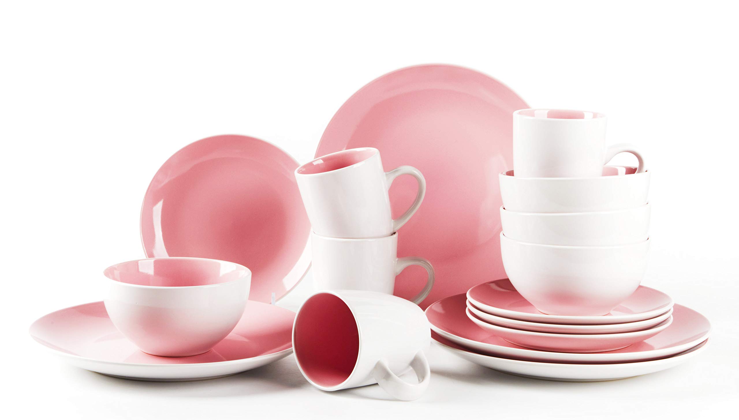 HomeVss, Stoneware Coupe Shape 16pc Dinnerware Set, Outside White + Inside Pink