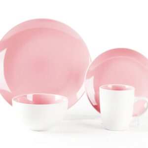 HomeVss, Stoneware Coupe Shape 16pc Dinnerware Set, Outside White + Inside Pink