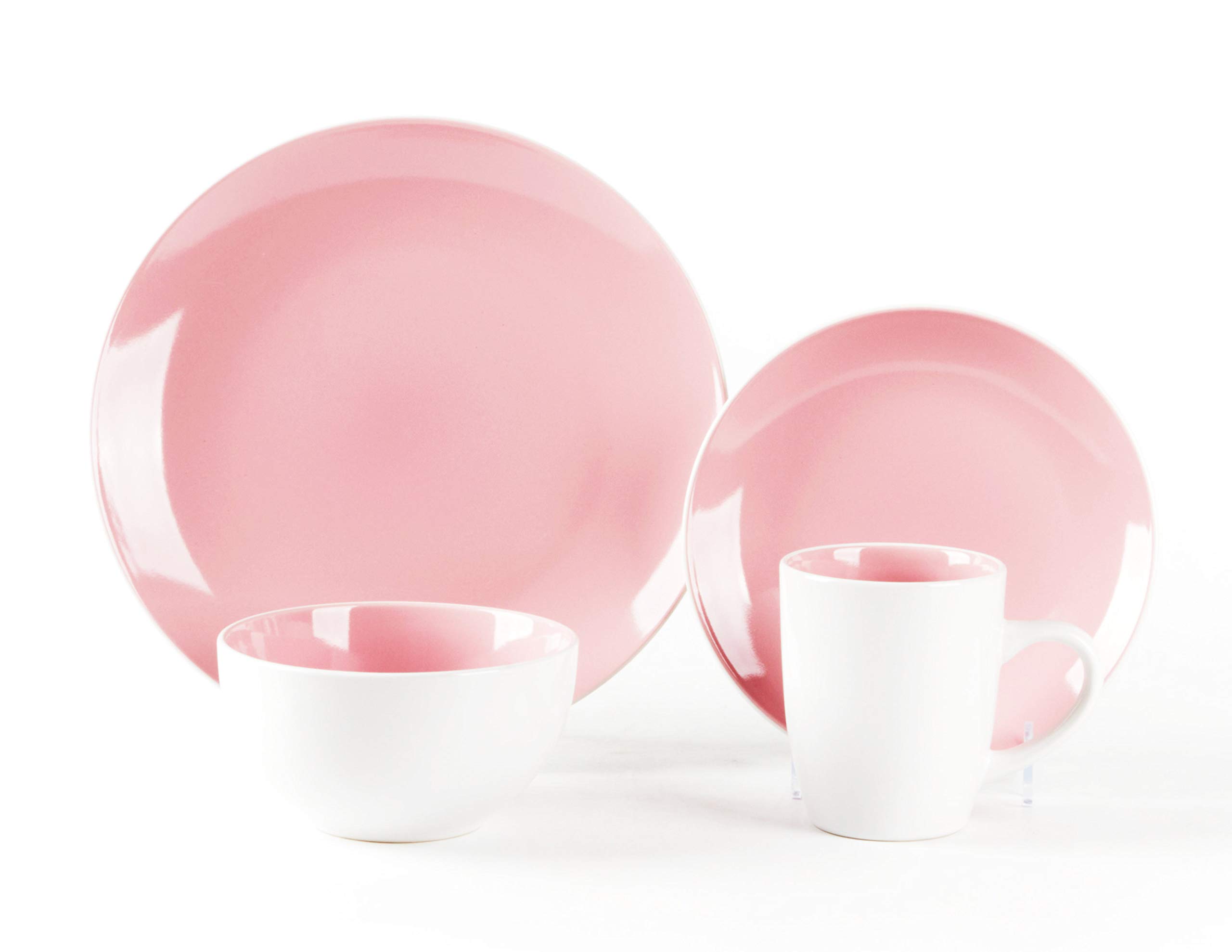 HomeVss, Stoneware Coupe Shape 16pc Dinnerware Set, Outside White + Inside Pink