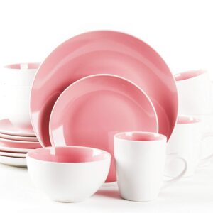 HomeVss, Stoneware Coupe Shape 16pc Dinnerware Set, Outside White + Inside Pink