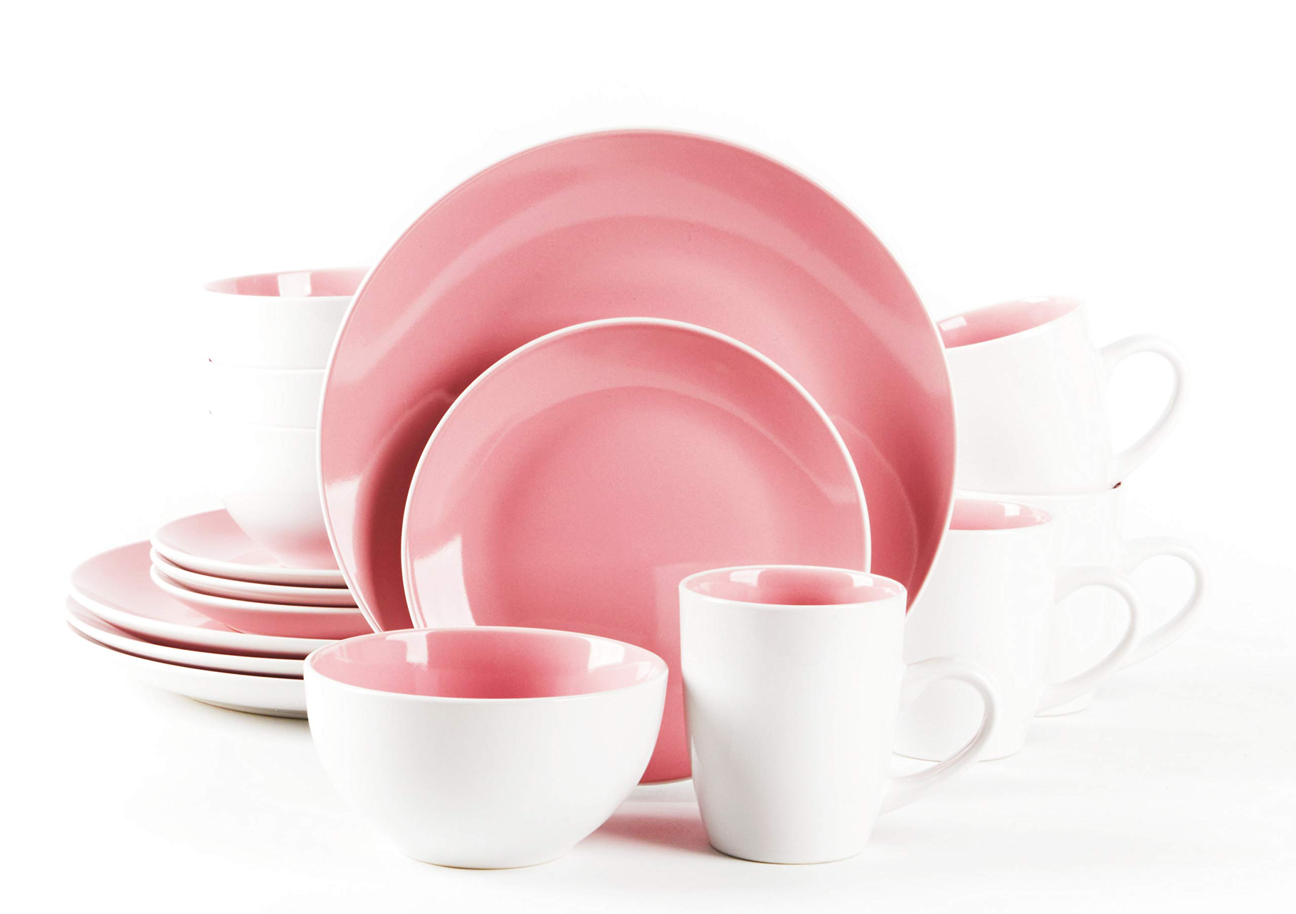 HomeVss, Stoneware Coupe Shape 16pc Dinnerware Set, Outside White + Inside Pink