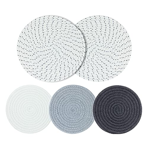 X Large 12 Inches Potholders Set 5 Pcs Trivets Set 100% Cotton Hand Woven Round Place Mats for Kitchen Absorbent, Insulated, Scratch Free Table Protection 2 Pcs 12" and 3 Pcs 7"