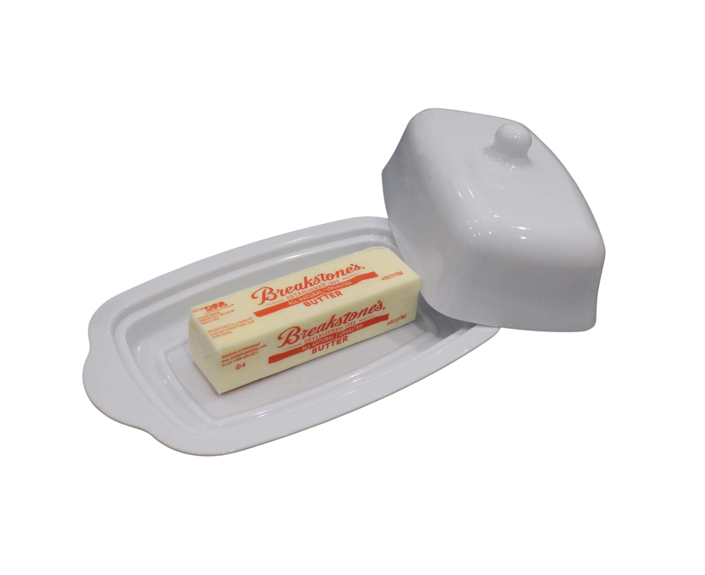 White Plastic Rectangle Butter Dish with Lid Easy Scoop, No Mess Lid Carry Handles and Knob Top BPA Free Holds Full American Bar of Butter