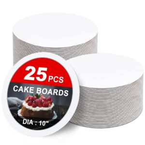 25-packs cake boards 10 inch round， white cake board rounds，white cake circles rounds base food-grade cardboard cake plate for displaying cakes,bread, desserts（thin and sturdy）