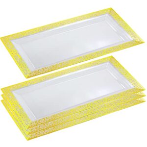 Yumchikel-Elegant Plastic Serving Tray & Platter Set (4pk) - Clear & Gold Rim Disposable Serving Trays & Platters for Food - Weddings, Upscale Parties, Dessert Table, Cupcake display - 7.5 x 14 inches