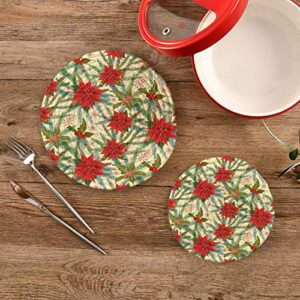 ALAZA Traditional Christmas Plants Beige Trivets for Hot Dishes 2 Pcs,Hot Pad for Kitchen,Trivets for Hot Pots and Pans,Large Coasters Cotton Mat Cooking Potholder Set