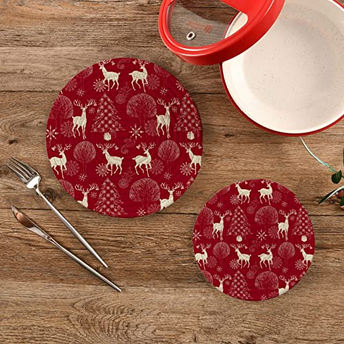 Christmas and New Year Red Festive Background Night Forest with Deer and Christmas Tree Winter Trivets for Hot Dishes 2 Pcs,Hot Pad for Kitchen,Trivets for Hot Pots and Pans,Large Coasters Cotton Mat