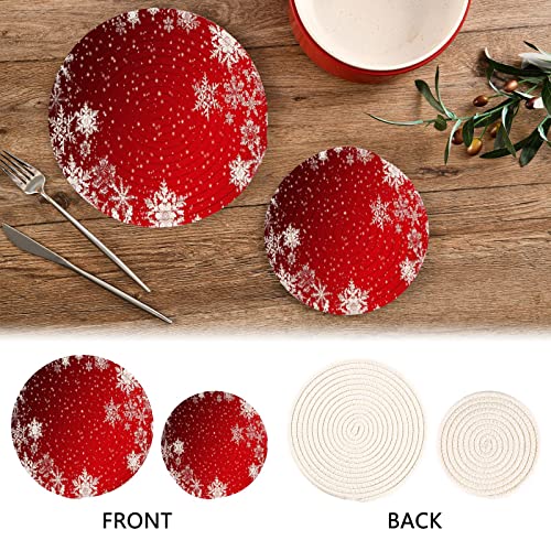 ALAZA Snow and Ice Crystals on Red Christmas Pot Holders Trivets Set 2 Pcs,Potholders for Kitchens,Cotton Coasters Trivets for Hot Dishes/Hot Pots and Pans/Hot Pot Holders