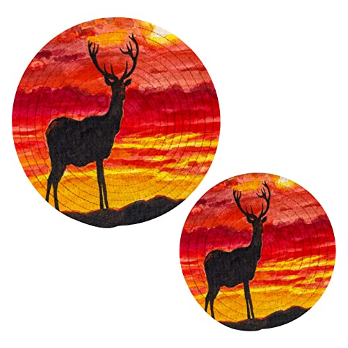 ALAZA Deer and Beautiful Sunset Red Sky Trivets for Hot Dishes 2 Pcs,Hot Pad for Kitchen,Trivets for Hot Pots and Pans,Large Coasters Cotton Mat Cooking Potholder Set