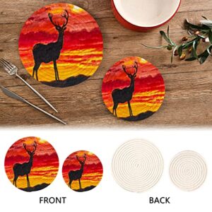 ALAZA Deer and Beautiful Sunset Red Sky Trivets for Hot Dishes 2 Pcs,Hot Pad for Kitchen,Trivets for Hot Pots and Pans,Large Coasters Cotton Mat Cooking Potholder Set