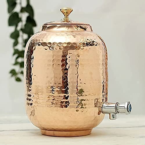 Golden Drops Pure Hammered Copper Water Dispenser with Tap & Stand Matka Water Jug Copper Pot 5 Liter With 2 Copper Hammered Water Glasses, Brown, Dispenser - 5 liter