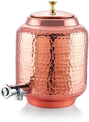 Golden Drops Pure Hammered Copper Water Dispenser with Tap & Stand Matka Water Jug Copper Pot 5 Liter With 2 Copper Hammered Water Glasses, Brown, Dispenser - 5 liter