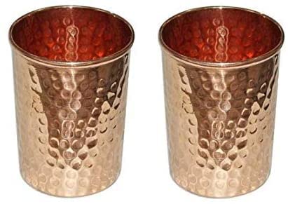 Golden Drops Pure Hammered Copper Water Dispenser with Tap & Stand Matka Water Jug Copper Pot 5 Liter With 2 Copper Hammered Water Glasses, Brown, Dispenser - 5 liter