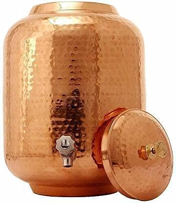 Golden Drops Pure Hammered Copper Water Dispenser with Tap & Stand Matka Water Jug Copper Pot 5 Liter With 2 Copper Hammered Water Glasses, Brown, Dispenser - 5 liter