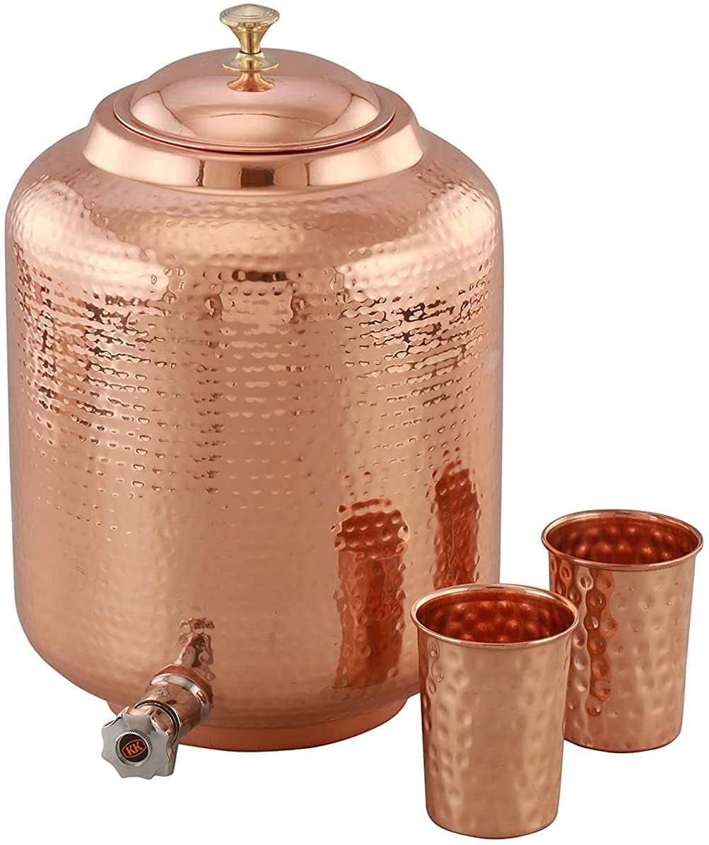 Golden Drops Pure Hammered Copper Water Dispenser with Tap & Stand Matka Water Jug Copper Pot 5 Liter With 2 Copper Hammered Water Glasses, Brown, Dispenser - 5 liter