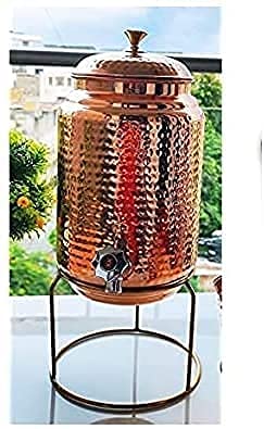 Golden Drops Pure Hammered Copper Water Dispenser with Tap & Stand Matka Water Jug Copper Pot 5 Liter With 2 Copper Hammered Water Glasses, Brown, Dispenser - 5 liter