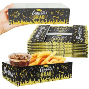 disposable food trays 2023 graduation party supplies graduation congrats grad paper food trays 30 pcs disposable food holders for popcorn nacho black and gold graduation party decorations