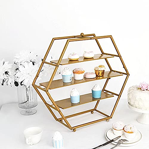 BalsaCircle 21-Inch Tall Gold 3 Tier Metal Hexagonal Cupcake Holder Dessert Display Stand Wedding Party Events Decorations Supplies