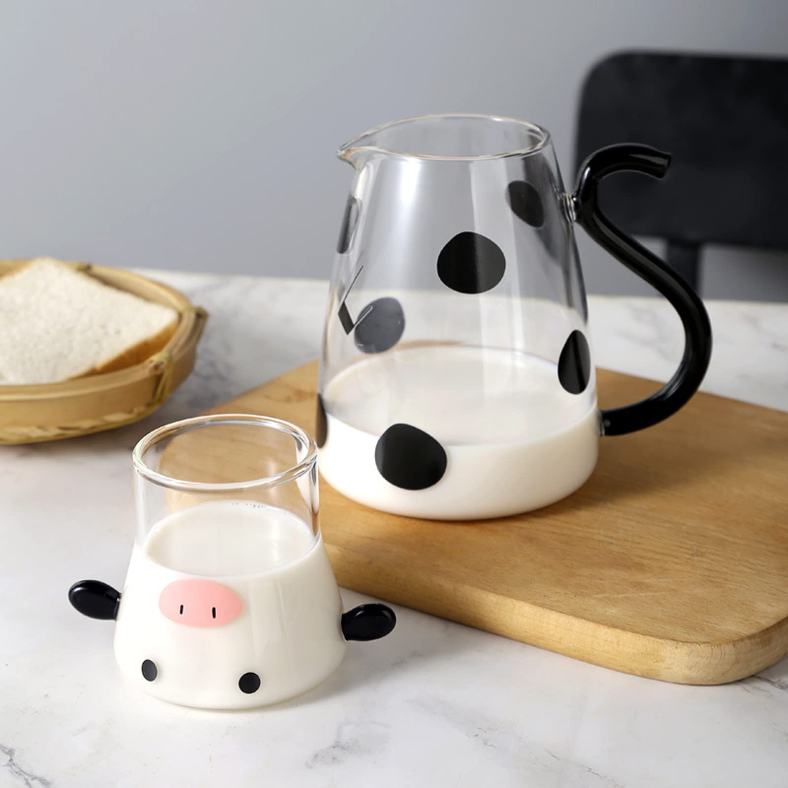 MISNODE Water Carafe Set Cartoon Cow Shape 550ml/1800ml Glass Jugs Sturdy Durable Bedside Carafe Glass Carafe For Bathroom Kitchen