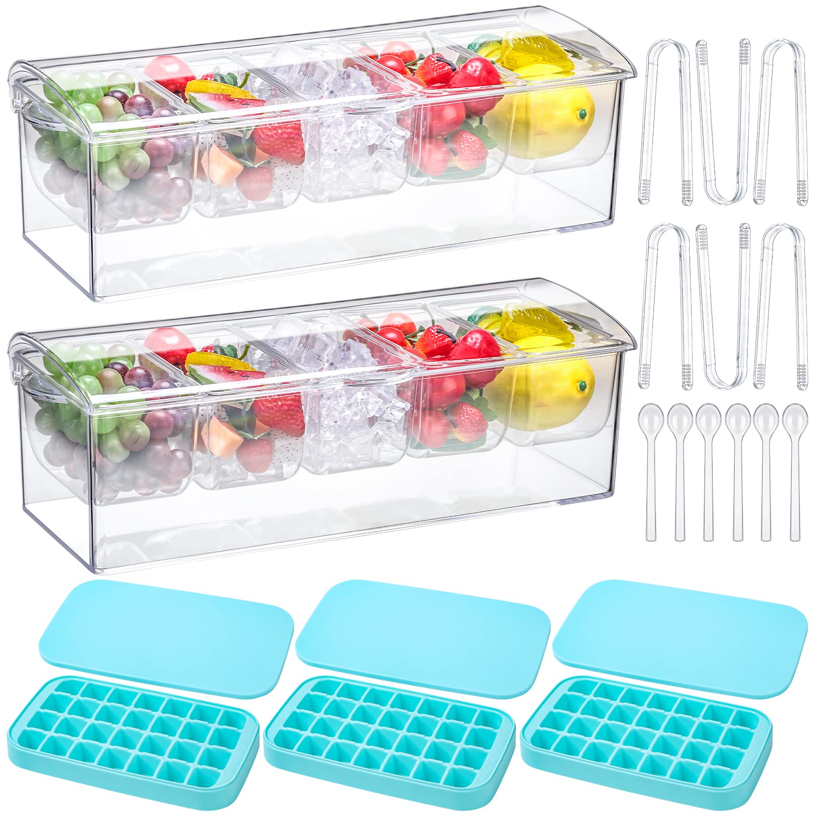 17 Pcs Condiment Server with Lid Chilled Condiment Tray with 5 Compartments Container Set Include 2 Garnish Tray, 3 Cocktail Ice Cube Tray, 6 Spoon 6 Tong, Bar Fruit Caddy with Lid Condiment Organizer