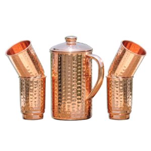 healthgoodsin - pure copper hammered pitcher with 4 copper tumblers | hammered copper pitcher and tumblers for ayurveda health benefits