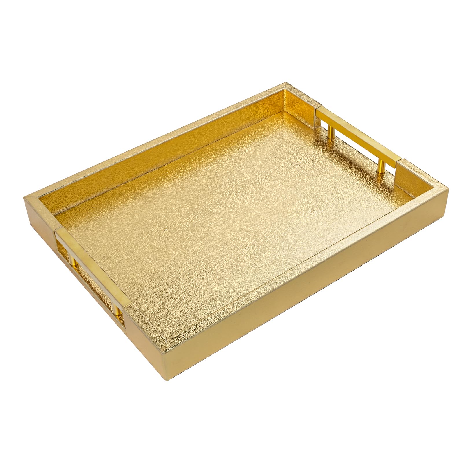 MAONAME Gold Serving Tray with Handles, 15.7 x 11.8 Inch Decorative Trays for Coffee Table, Rectangle Serving Tray and Modern Ottoman Trays for Living Room, Vanity, Kitchen, Bright Gold