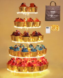 jusalpha 5 tier circle cupcake stand with light - premium cupcake holder - acrylic cupcake tower - ideal for weddings birthday parties, candy bar decor 5rf-s (led light option: battery)